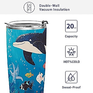 sanluoli Some Dolphin Sea Animals Blue Stainless Steel insulated water bottle with Straw Lid coffee travel mug 20oz for Home, Office or Car Aesthetic Vacuum Insulated Tumbler 20 OZ