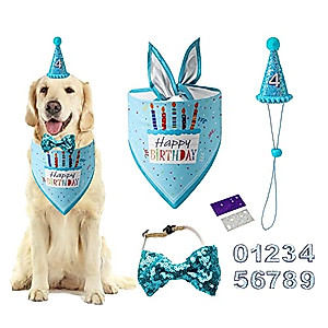 Dog Birthday Hat Bandana - Dog Birthday Party Supplies Birthday Dog Hat with Numbers Dog Bandana and Blingbling Dog Bow Set for Small Medium Dogs Pets (Blue)