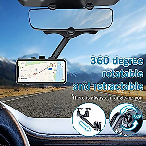 Rearview Mirror Phone Holder for Car-360° Rotatable and Retractable Car Phone Holder with Adjustable Length Upgraded Multifunctional Rearview Mirror Phone Holder for All Mobile Phones and All Car