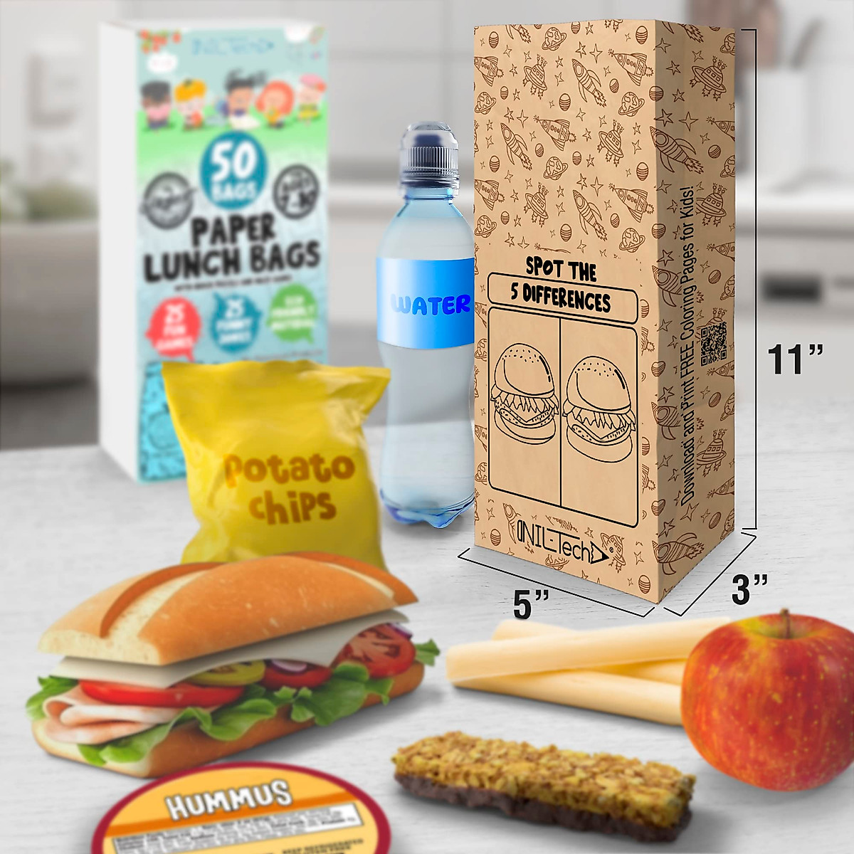Kids Brown Paper Bags - Lunch Notes for Kids via Printed Jokes and Games Eco Friendly Food Safe 50pc Kraft Paper Lunch Bags for Everyday Lunch, Snack, Sandwich- Biodegradable