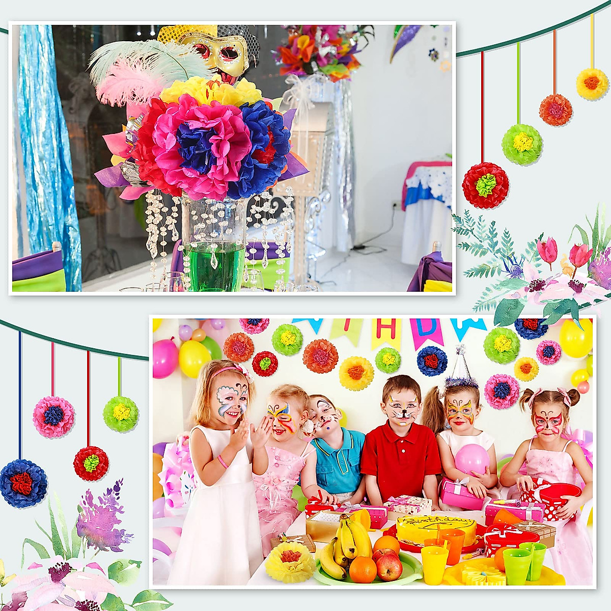 18 Pieces Colorful Fiesta Tissue Paper Flowers with 30 Pieces Green Pipe Cleaners Mexican Carnival Tissue Paper Flowers Chenille Stems Floral for Fiesta Party Baby Shower Wedding Birthday Party