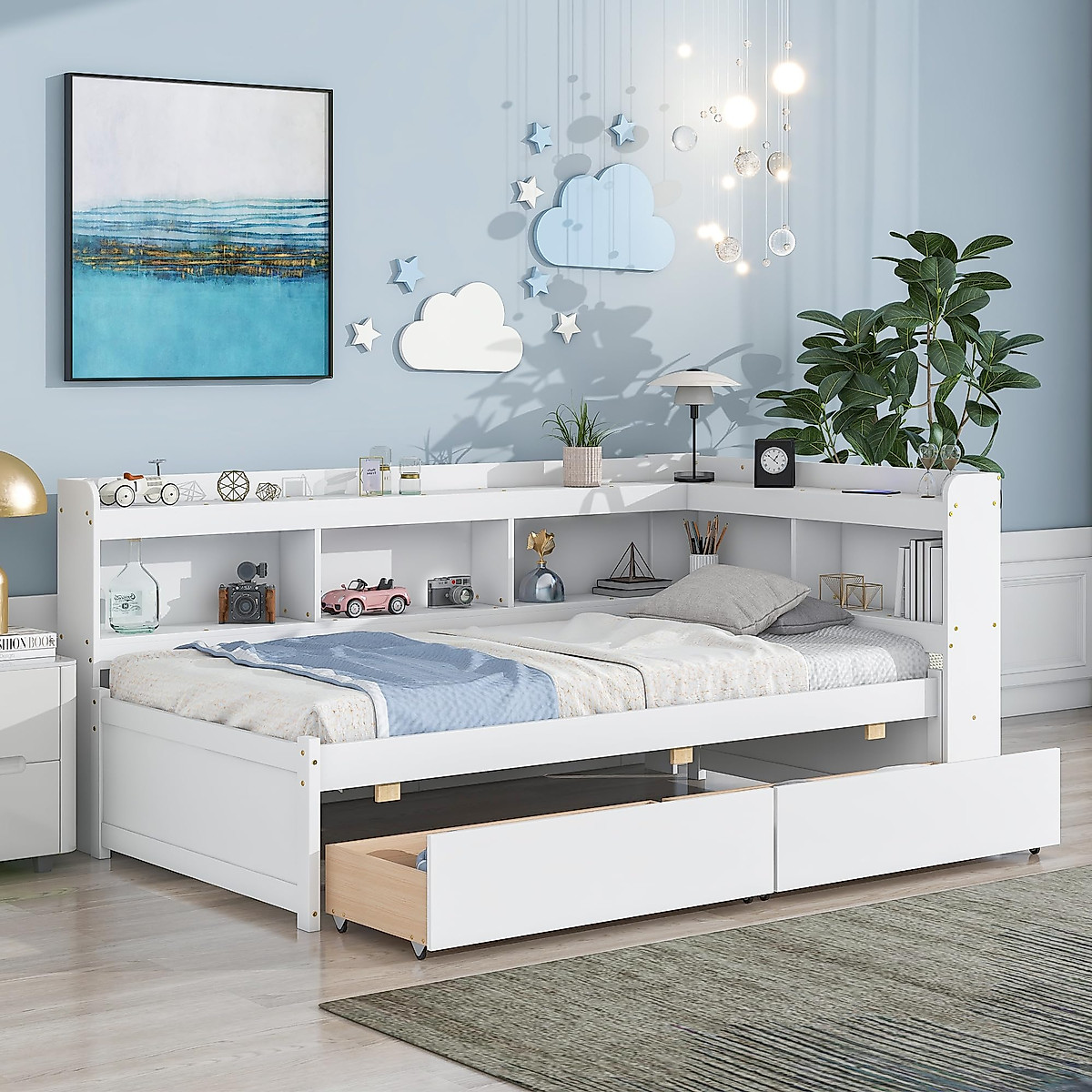 DNChuan L-Shaped Twin Size Daybed with Bookcase Headboard,Captains Corner Bed with Storage Drawers,Wooden Slat Support No Box Spring Needed,White