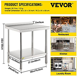 VEVOR Stainless Steel Prep Table, 30 x 24 x 35 Inch, 440lbs Load Capacity Metal Worktable with Backsplash and Adjustable Undershelf, Commercial Workstation for Kitchen Restaurant