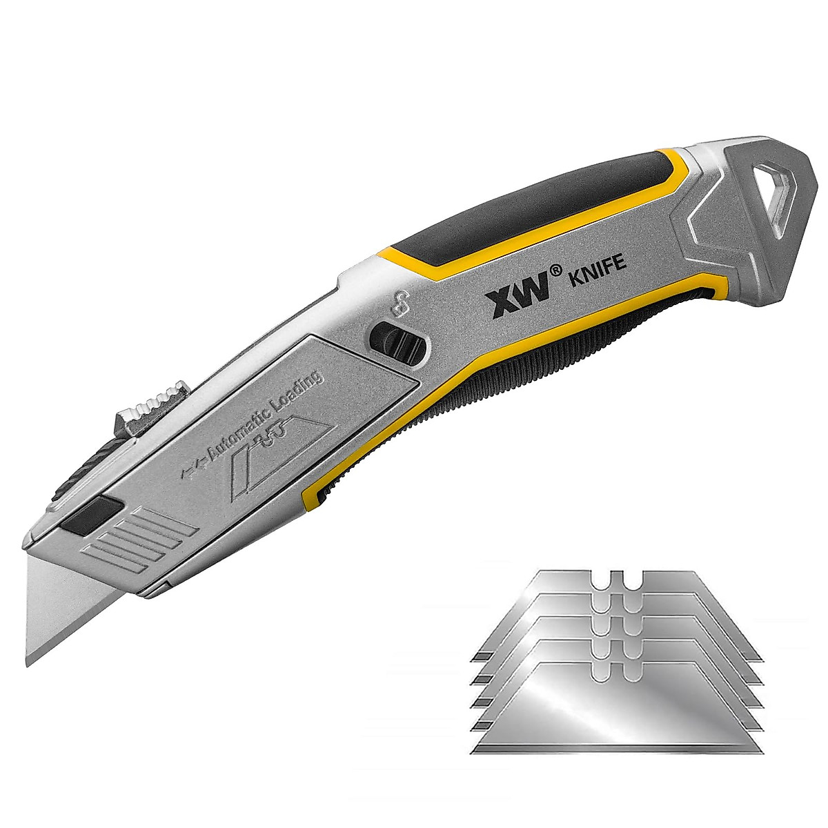 XW Heavy Duty Auto-loading Utility Knife,3-position Retractable Box Cutter with Total 5 Blades