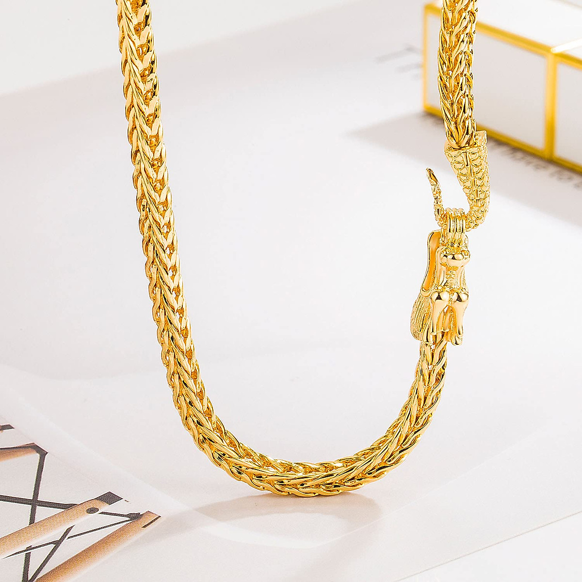 Dankadi Men 925 Sterling Silver Dragon Necklace 24K Gold Plated Vintage 5MM 20 "22" 24 "26" Franco Link Curb Chain Choker Fashion Punk Gold Fine Jewelry Gift (26 inch, Golden)