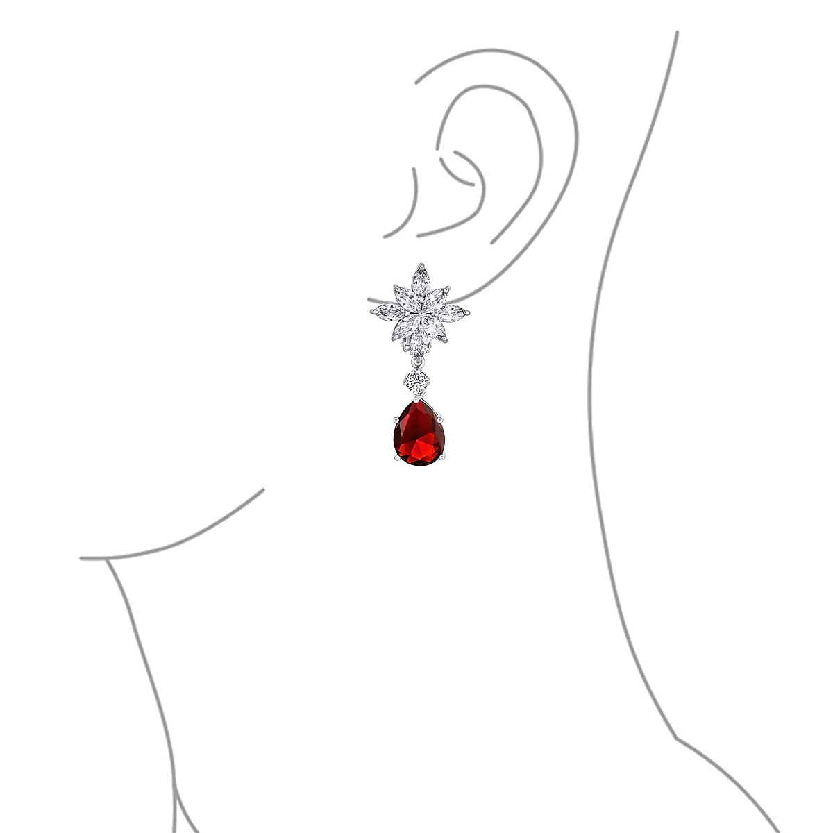 Bridal Art Deco Style Cluster Floral AAA CZ Red Statement Dangle Teardrop Chandelier Clip On Earrings For Women Simulated Ruby Silver Plated