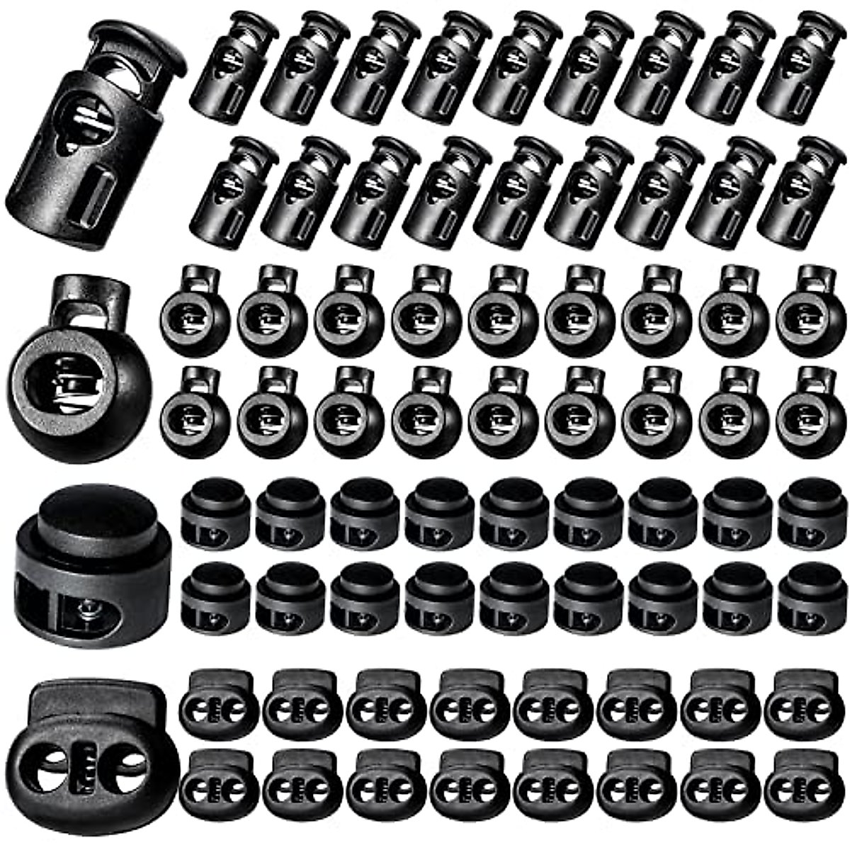 CLESDF 160 Pcs Plastic Cord Locks, Single Double Hole Spring Stop Toggle Stoppers for Drawstrings, Shoelaces, Bags, More, 4 Styles