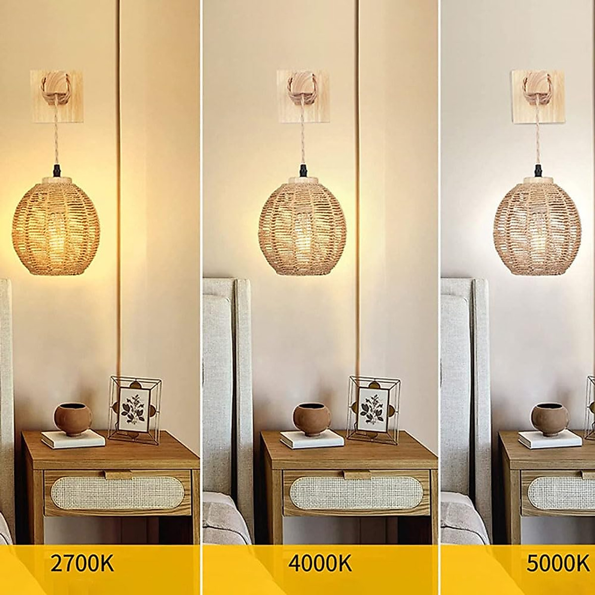 TIGKHAE 2Pcs Bamboo Lantern Wall Sconces Wicker Lamp Cord Hand Woven Rattan Wall Light Lamp Farmhouse Rustic Boho Sconces Wall Lighting for Living Room Bedroom E26
