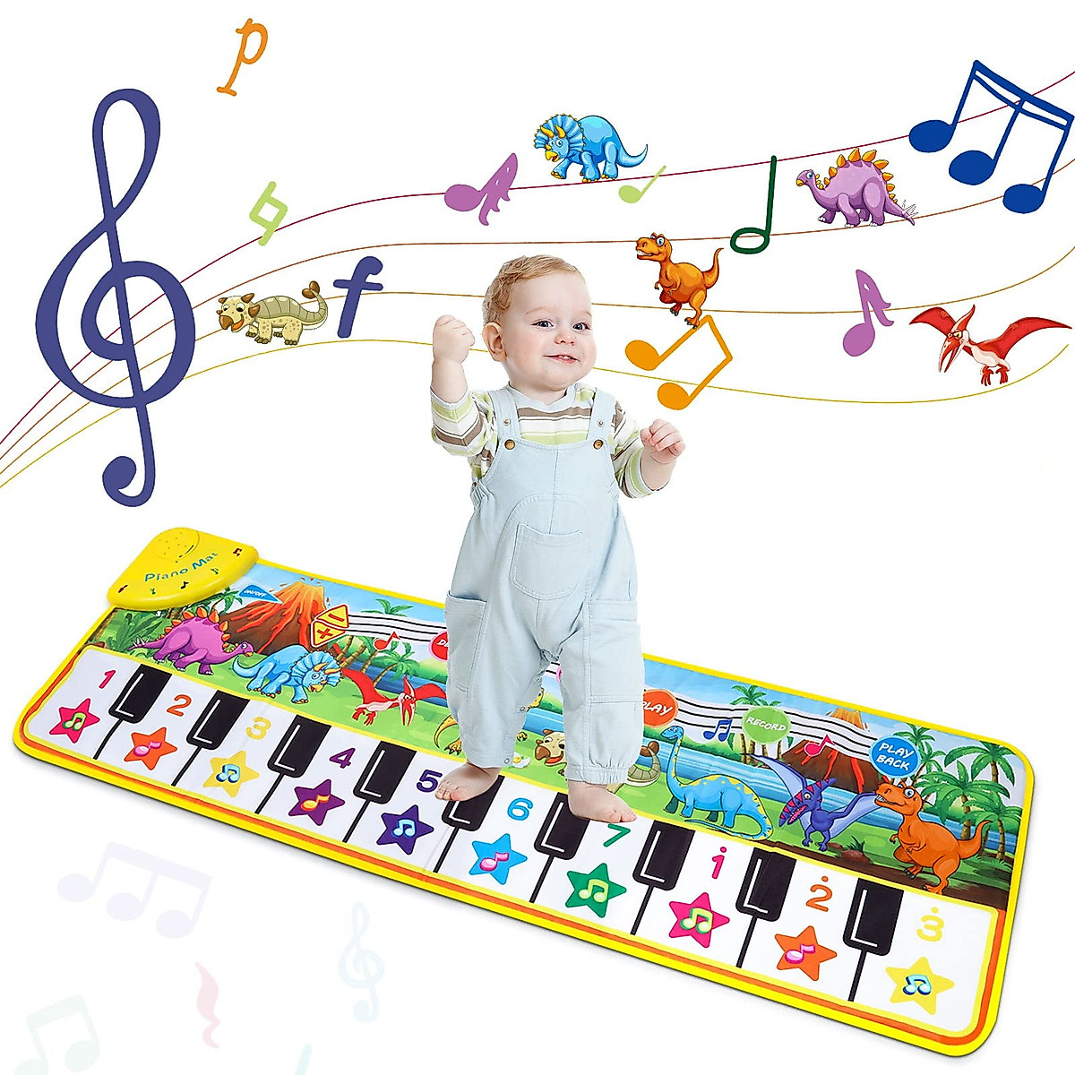 M SANMERSEN Piano Mat for Kids, 43” x 14” Floor Piano Keyboard Mat Carpet Touch Playmat with 10 Demo Songs/ 8 Dinosaur Sounds, Musical Mat Toys Gift for 1 2 3 4 5 Years Old Baby Boys Girls
