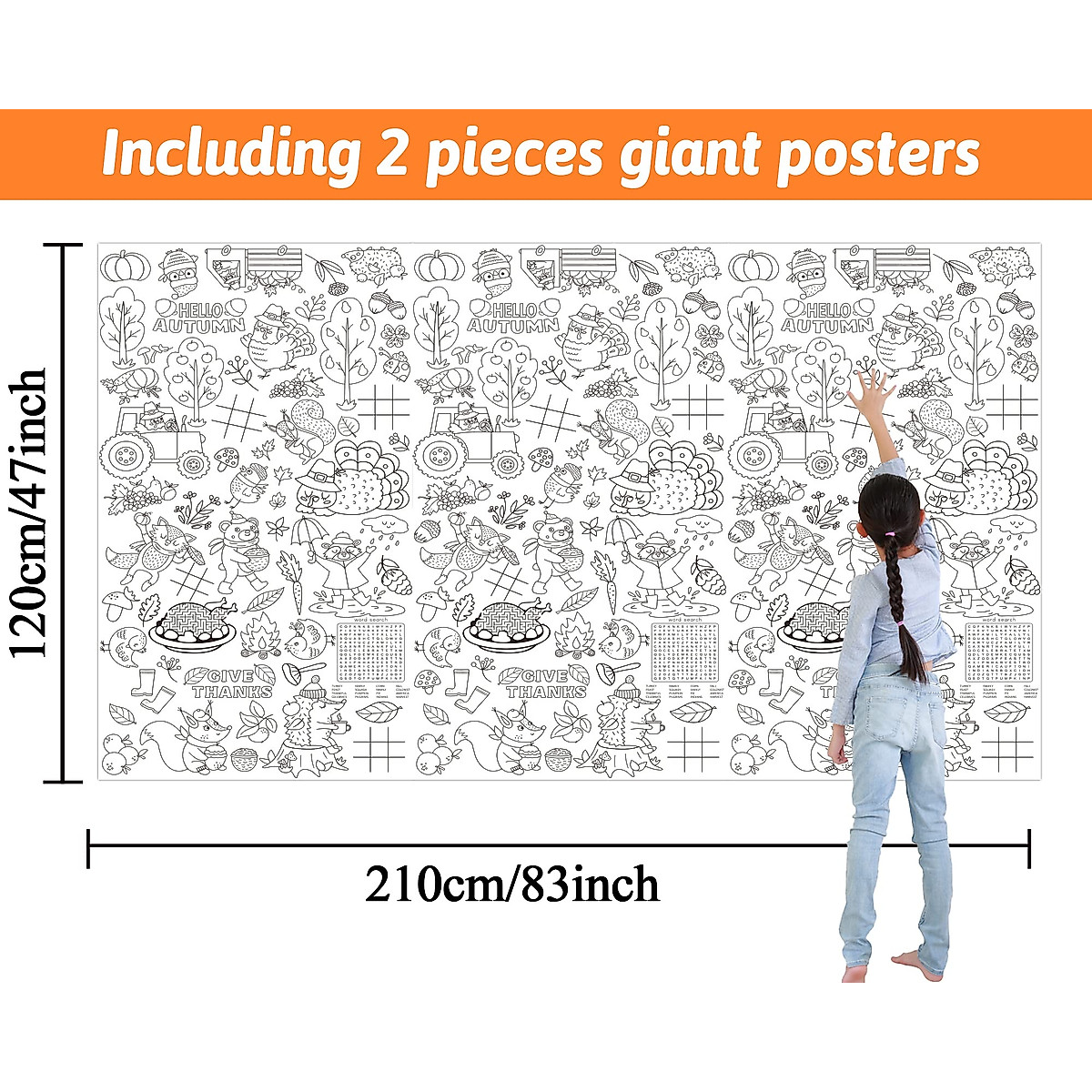 Wiooffen 2pcs Giant Thanksgiving Coloring Tablecloth Posters Activity 82”x 47” for Kids, Autumn Big Fall Paper Color-in Poster Table Cover Arts and Crafts for Kids Preschool Kindergarten Classroom
