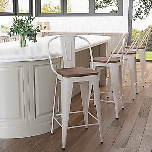 Aklaus Metal Bar Stools Set of 4, 24 inch Counter Height Bar Stools with Backs, Farmhouse Style, Larger Seat, High Back Kitchen Dining Chairs, Cream White Stool