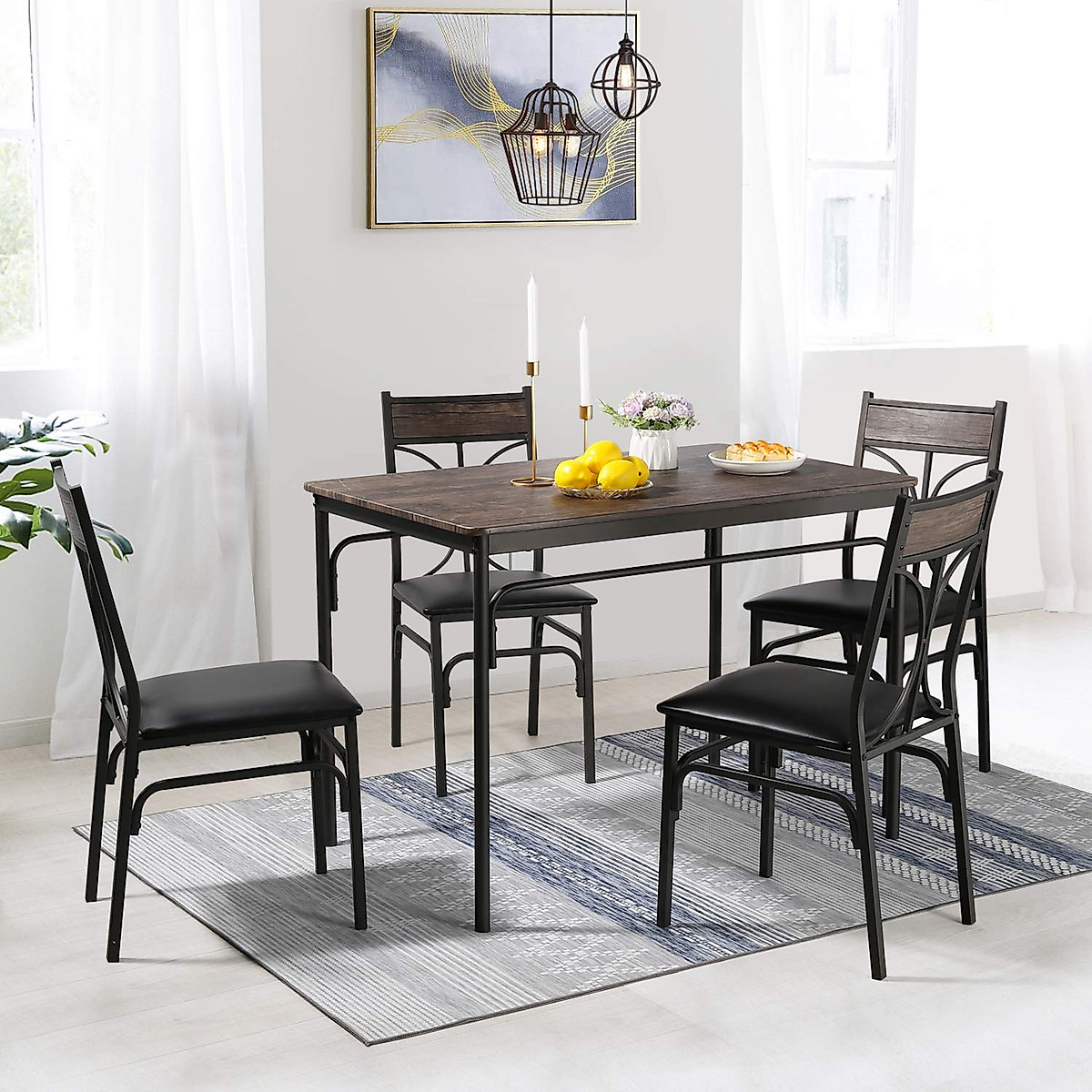 VECELO 5 Piece Kitchen Dining Room Table and Chairs Set for Home, Dinette, Breakfast Nook, Farmhouse, Small Space, Dark Brown