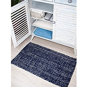 CHARDIN HOME Navy & White Cotton Throw Rug, 21x34 Inches Area Rug for Bathroom Kitchen entryway, Reversible Handwoven Rug Machine Washable.