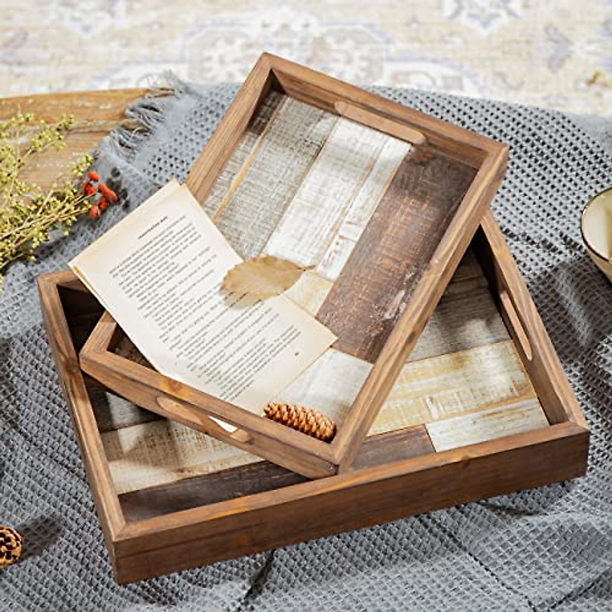 Wooden Serving Trays with Handles Set of 2, Unique Coffee Table Tray, Rectangular Decorative Ottoman Food Trays for Eating, Farmhouse Serving Platter for Food, Drinks, Breakfast, Patio, Home, Party