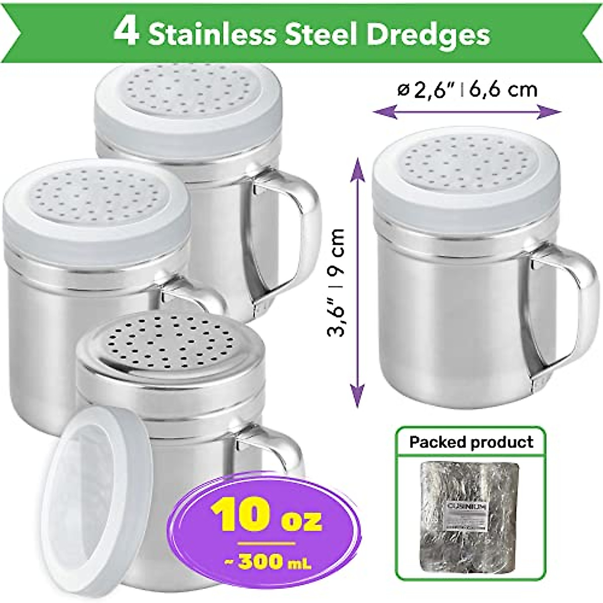 CUSINIUM 10oz Stainless Steel Salt Pepper Dredge Shakers - With Plastic Cap - With Handle - Pack of 4