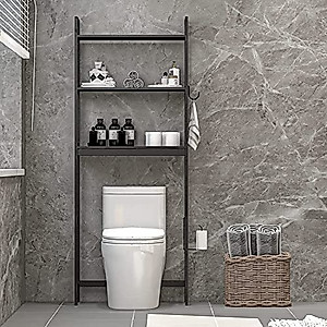 Bonzy Home Over The Toilet Storage Bamboo 3 Tier Bathroom Organizer Space Saver Bathroom Shelf Freestanding Toilet Stands with Hooks, Black