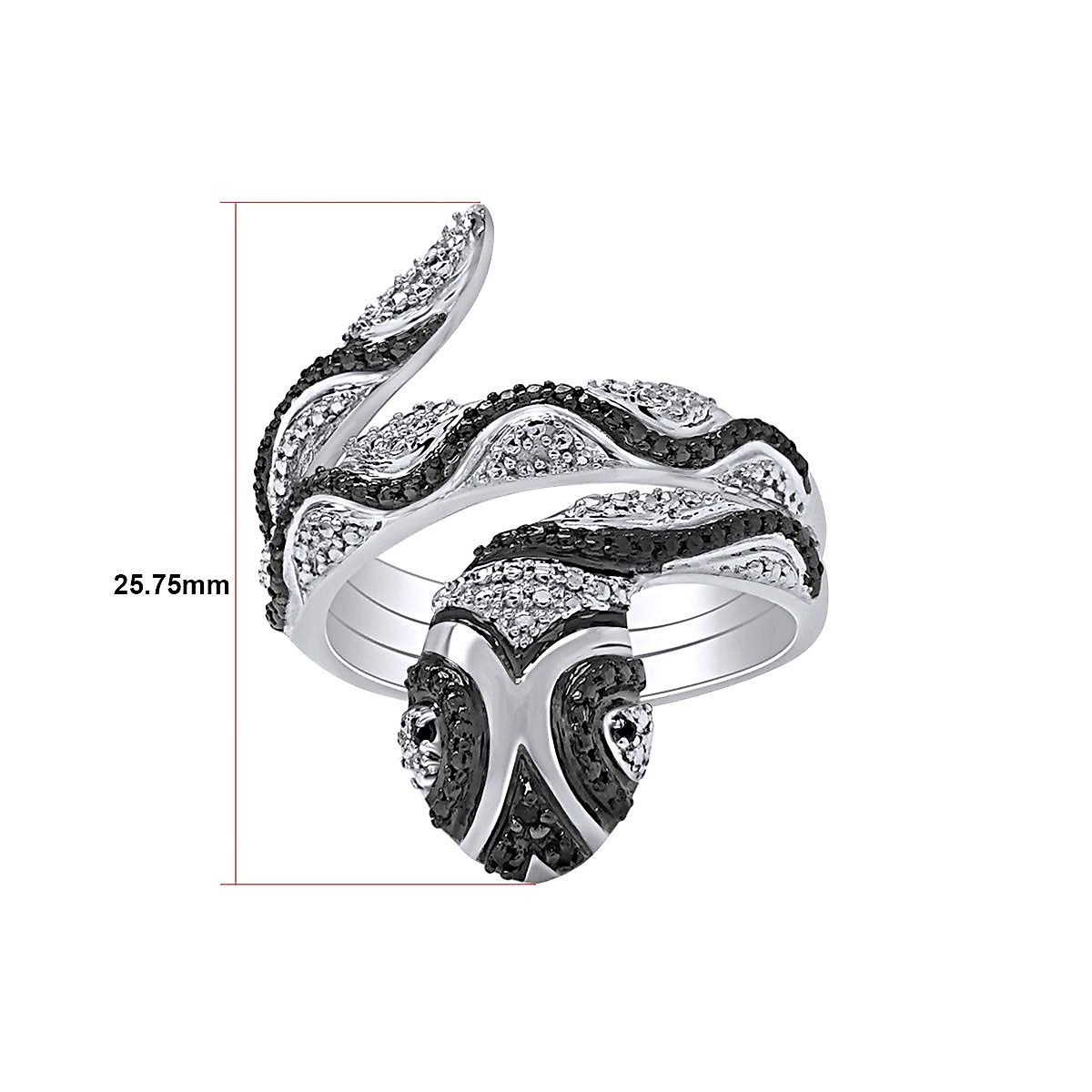 14k White Gold Over Sterling Silver Black Natural Diamond Accent Snake Ring For Women Ring Size-7 (0.01 Carat, Color - Black, Clarity I2-I3)