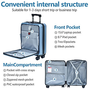 TydeCkare 2pcs 20/28" Luggage Set Lightweight HardShell, Only 20 Inch Carry On 21.65 * 15.35 * 7.87" Cabin Suitcase with Front Pocket, 28 Inch 19.68 * 11.81 * 29.92" Checked Luggage, Blue