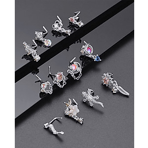 Tornito 12Pcs Dangle Nose Rings Stud L Shaped Nose Studs Flower Heart Arrow Feather Snake Gecko Snowflake Wing CZ Dangling Nose Piercing Jewelry for Women Men Silver Tone