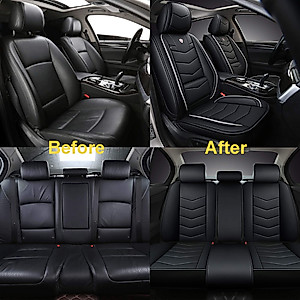 INCH EMPIRE Car Seat Cover-Water Proof Synthetic Leather Cushion with Built-in Lumbar Support Front and Back Fit for Sedan SUV Truck Hatchback Durable Use (Black with White Trim Full Set)