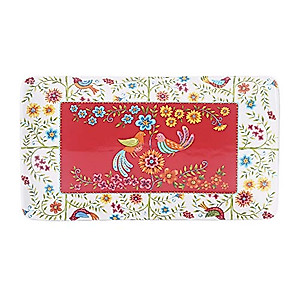 Bico Red Spring Bird Ceramic 14 inch Rectangular Serving Platter, Set of 2, for Serving Salad, Pasta, Cheese, Ham, Appetizer, Microwave & Dishwasher Safe