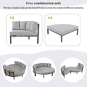 Merax Round Outdoor Daybed with Removable Cushions, All Weather Metal Conversation Sectional Sofa & Separate Seatings, 4 Piece Patio Furniture Set for Lawn Garden Backyard Porch Pool, Grey