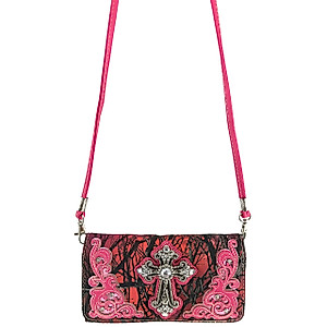 Zelris Camouflage Shine Glow Silver Cross Women Crossbody Trifold Wallet (Hot Pink)