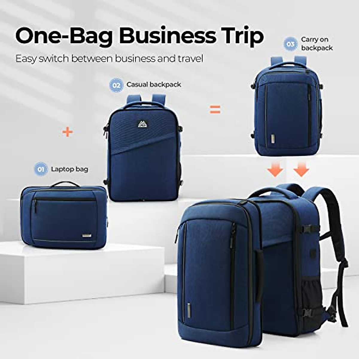 Large Travel Backpack Airline Approved - Carry On Backpack with Detachable Laptop Bag Fits 17 Inch Laptop - Lightweight Personal Item Travel Backpack for Men Women (Navy)