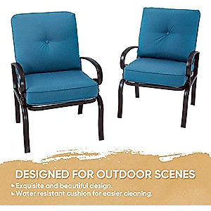 Skiway 2-Piece Outdoor Metal Steel Frame Furniture Set, Patio Bistro Dining Chair, All-Weather Bistro Conversation Seating Chairs with Peacock Blue Cushions