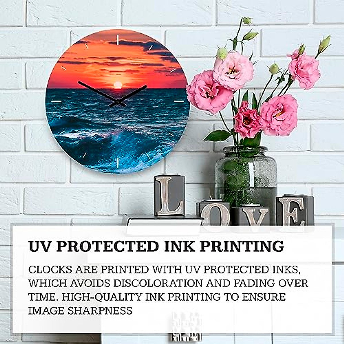 Soul Décor Sea Sunset Wall Clock, Silent Non-Ticking, Battery Operated Kitchen Clock, Aluminum Composite Face, Suitable for Offices, Bedrooms, and Bathrooms 12 Inch Round