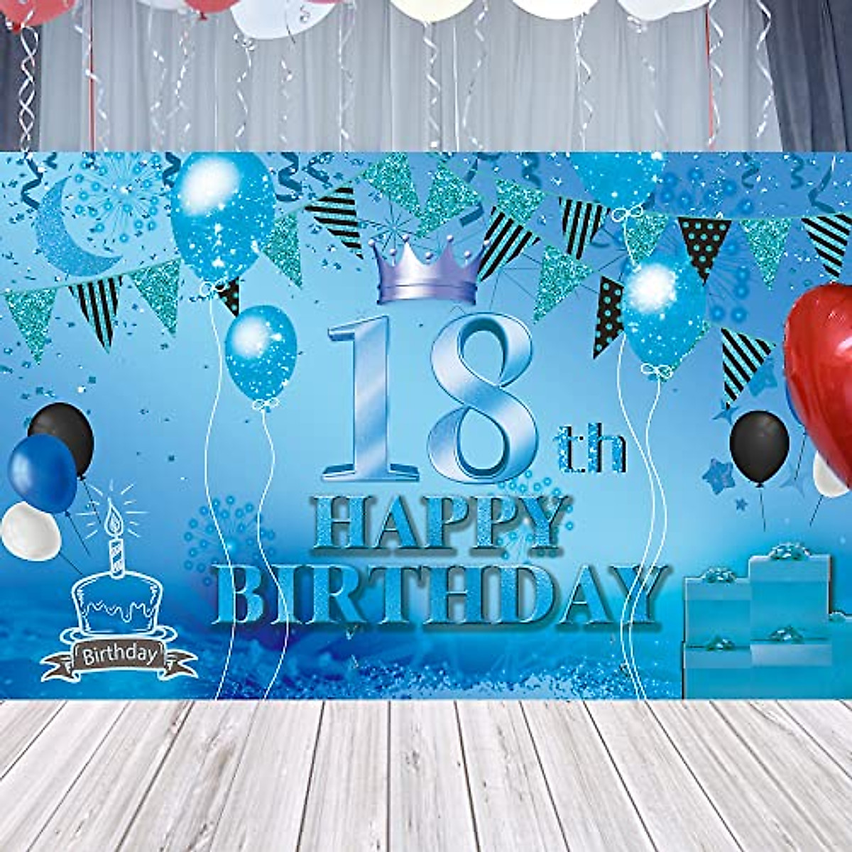 Happy 18th Birthday Backdrop Banner Blue 18th Sign Poster 18 Birthday Party Supplies for Anniversary Photo Booth Photography Background Birthday Party Decorations, 72.8 x 43.3 Inch
