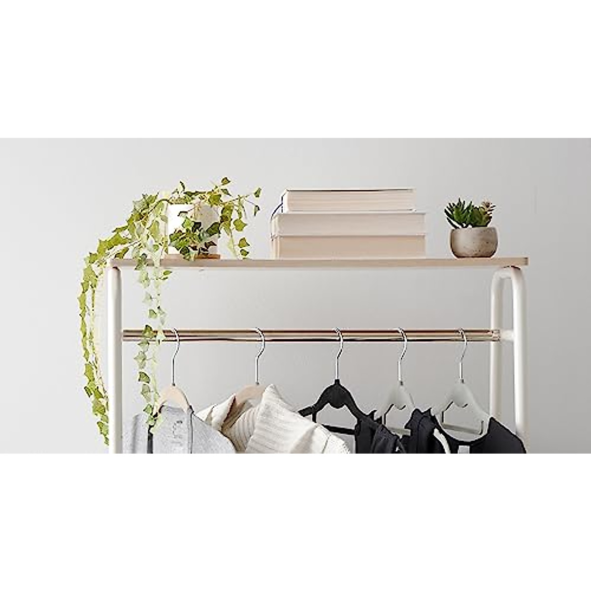 IRIS USA Metal Garment Rack with 2 Wood Shelves, White and Light Brown