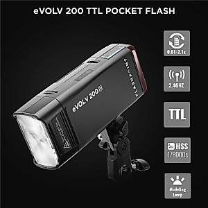Flashpoint eVOLV 200 R2 TTL Pocket Flash Kit - 200Ws, 1/8000 HSS, 500 Full Power Flashes, 0.01-1.8s Recycling w/2900mAh Battery, Bare Bulb/Speedlite Flash Head Monolight for Strobe Light Photography