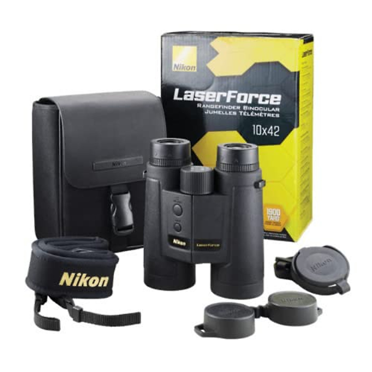 Nikon 10x42 LaserForce Rangefinder Binoculars Bundle with Binocular Harness Strap, 79-Inch Photo and Video Monopod Lenspen Cleaning System (4 Items)