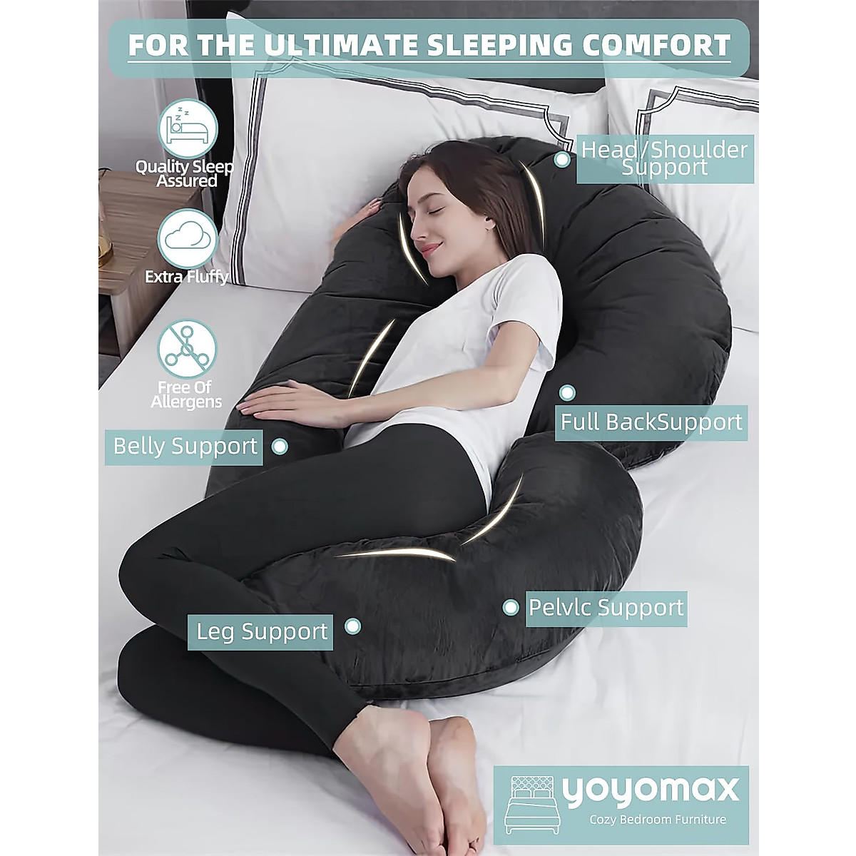 TINKLE WELL C-Shaped Pregnancy Pillows, Memory Foam Pregnancy Pillow Full Body Maternity Pillow with Removable Cover, 52 Inch Pregnancy Pillows for Sleeping (Black)