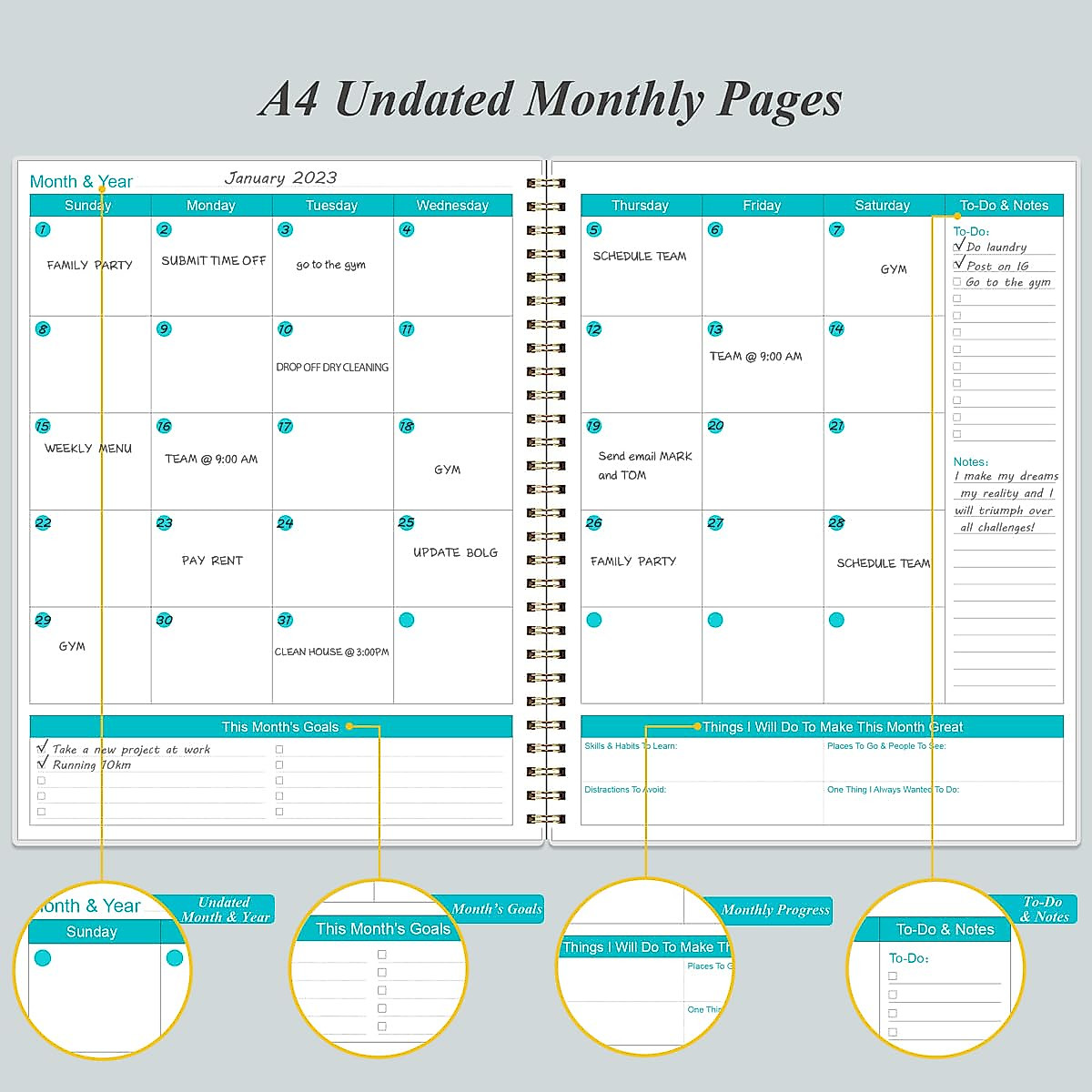 Undated Planner Pro - 8.5" x 11" Weekly & Monthly Planner to Achieve Goals & Increase Productivity, 12 Months Undated Agenda Daily Planner, Start Anytime, Rose Leaf