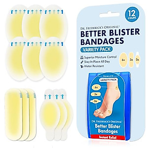 Dr. Frederick's Original Better Blister Bandages - 12ct - Water Resistant - 25% More Cushioning - Hydrocolloid Bandages for Foot, Toe, & Heel - Blister Pads for Prevention & Recovery - Variety Pack