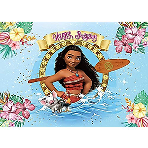 Summer Beach Baby Moana Theme Backdrops Pink Flowers Blue Water Girls 1St Birthday Party Photography Background Baby Shower Moana Cake Table Decoration Banner Photo Studio Props 5x3ft