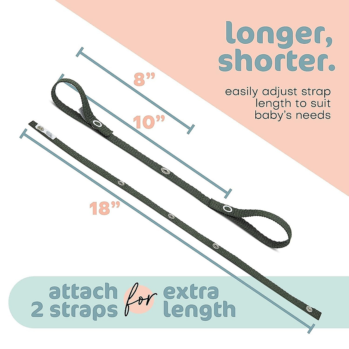 Baby Buddy Secure-a-Toy, Adjustable Pacifier and Teether Strap for Stroller, Highchair, and Car Seat, Tan Olive, 2 Pack