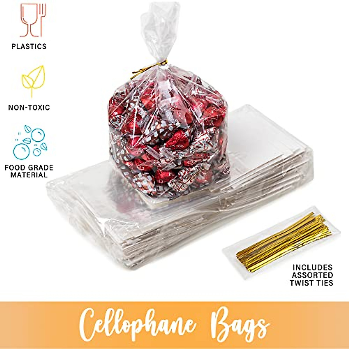 Clear Candy Bags 50 Pcs 4x4x9 Flat Bottom Cello/Cellophane Treat Bags for Bakery, Cookies, Goodie Bags with Color Twist Ties!