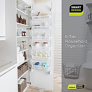 Smart Design Over The Door Organizer for Storage – Perfect for Pantry, Bedroom, Bathroom, Playroom, Kitchen - Maximum Storage with 6 Baskets  - Adjustable Steel Frame & Wall Mount – White