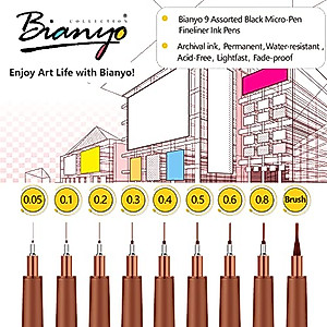 Bianyo Sepia Pigment Ink Micro-Pen Fineliners, 9 Assorted Sizes with a Zipper Pouch, Water-Resistant Archival Ink Pens for Drawing, Sketching, Bullet journaling, Note-taking, Accounting, Handwriting