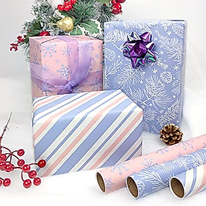 LDGOOAEL Mini Short Small Christmas Wrapping Paper Roll with Cut Lines on Reverse (17" X 120" Per Roll) - Pink Snowflakes & Purple Pine for Holiday, Birthday, Wedding, Baby Shower