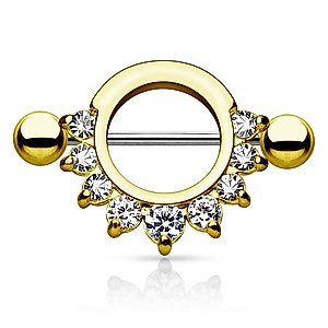 Pair of Half Circle CZ Gem Gold IP Surgical Steel Nipple Rings Shield 14G 9/16" - Gold