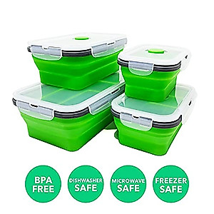 Set of 4 Collapsible Silicone Food Storage Container, Leftover Meal box For Kitchen, Bento Lunch Boxes, BPA Free, Microwave, Dishwasher and Freezer Safe. Foldable Design Saves Your Space.