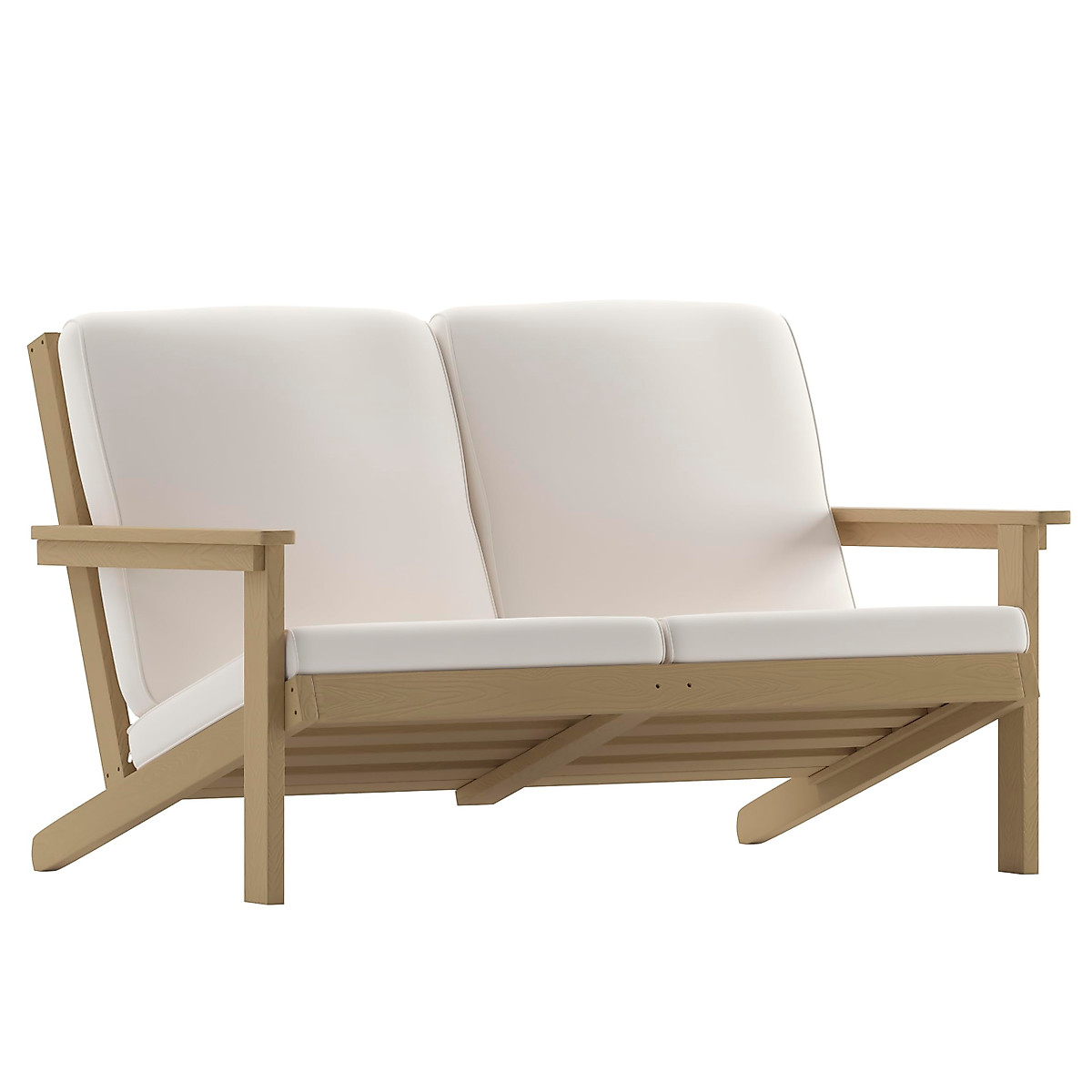EMMA + OLIVER Hammond All-Weather Adirondack Style Loveseat - Natural Cedar Finish Polyresin Frame - Cream Cushions - Deep Seat - 300 lbs. Static Weight Per Seat