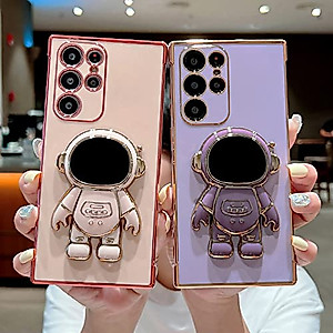 phylla Phone Case for Samsung Galaxy S22 Ultra 6.8" Luxury Plating Astronaut Stand Holder Phone Case with Cute Love Heart Side Small Pattern Soft Silicone Shockproof Kickstand Cover Bumper (Purple)