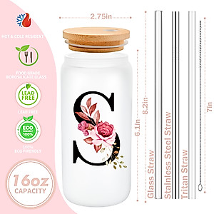 Personalized Gifts for Women, Monogrammed Frosted Glass Tumbler with Straw and Lid, Cute Customized Mug, Custom Initial Iced Coffee Glasses, Customizable Drinking Cup, Birthday Teacher Woman, M