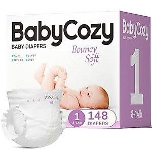 Babycozy Boucy Soft Newborn Diapers for Sensitive Skin, Hypoallergenic Disposable Diapers, Plain White Diapers Without Chlorine, Soft Diapers for Baby&Infant&Preemie, Size 1(8-14lb) 148 Count