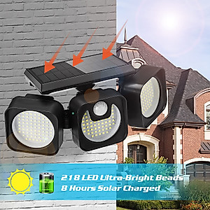 Solar Lights Outdoor 3 Head Motion Sensor Solar Powered Lights 218 LED Security LED Flood Lights IP65 Waterproof 270° Wide Angle Illumination Wall Lights with 3 Modes for Garden Patio Yard 2 Packs